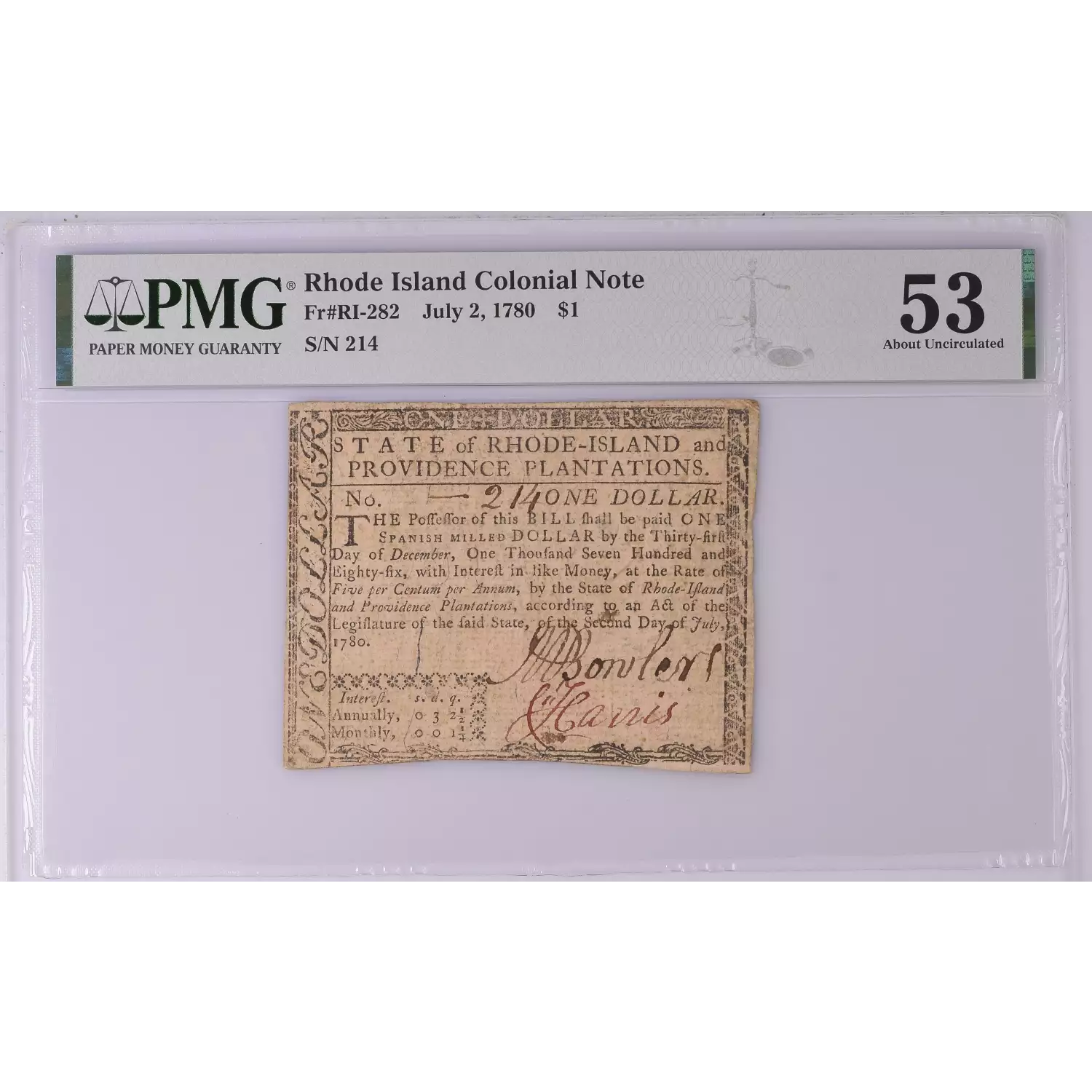 $1 July 2, 1780 COLONIAL CURRENCY RI-282 - Harbor Coin Company