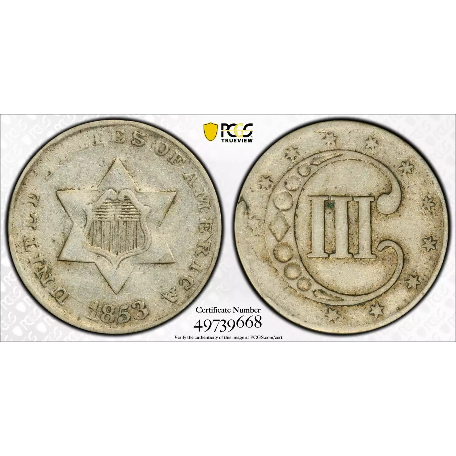 1853 Three Cent Silver PCGS VF-20 - Harbor Coin Company