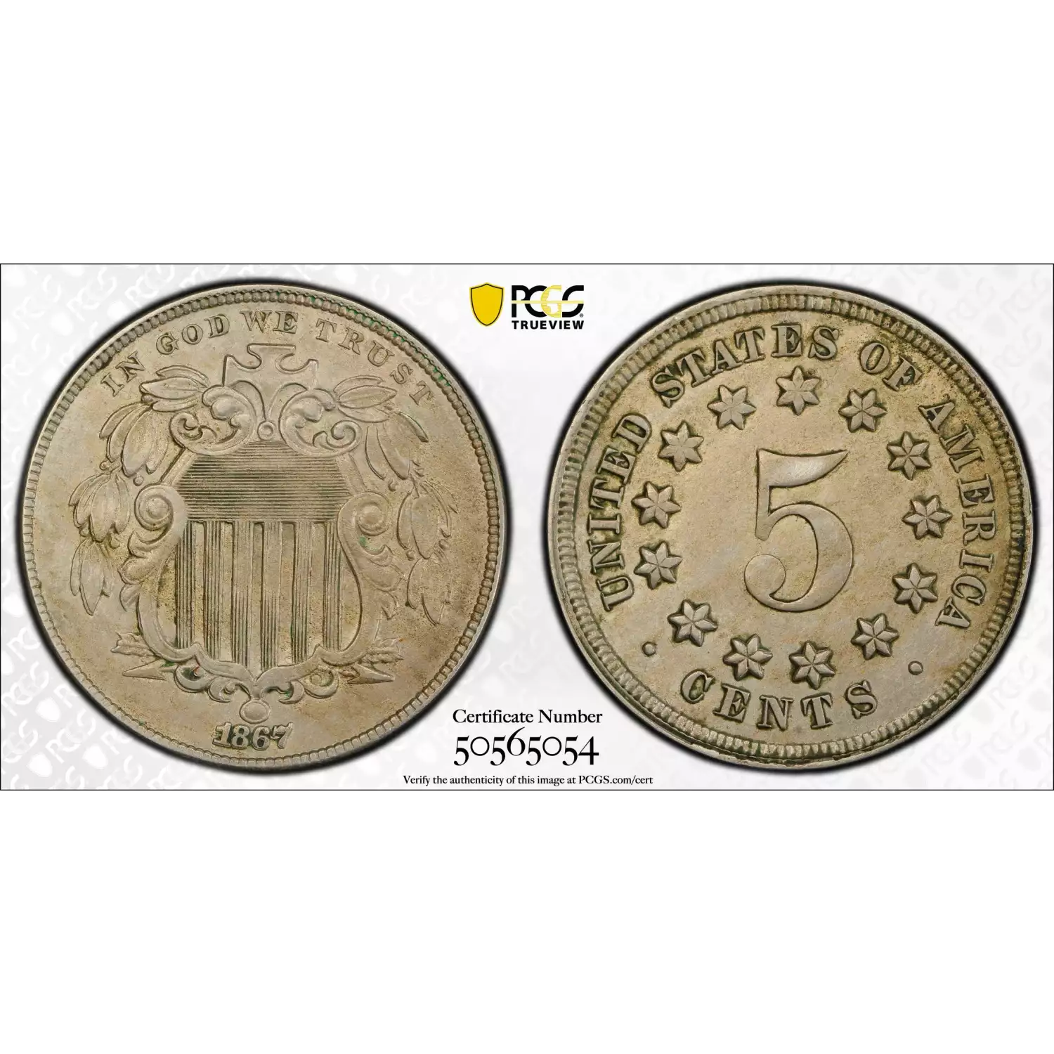 1867 Nickel Shield PCGS AU-55 No Rays - Harbor Coin Company