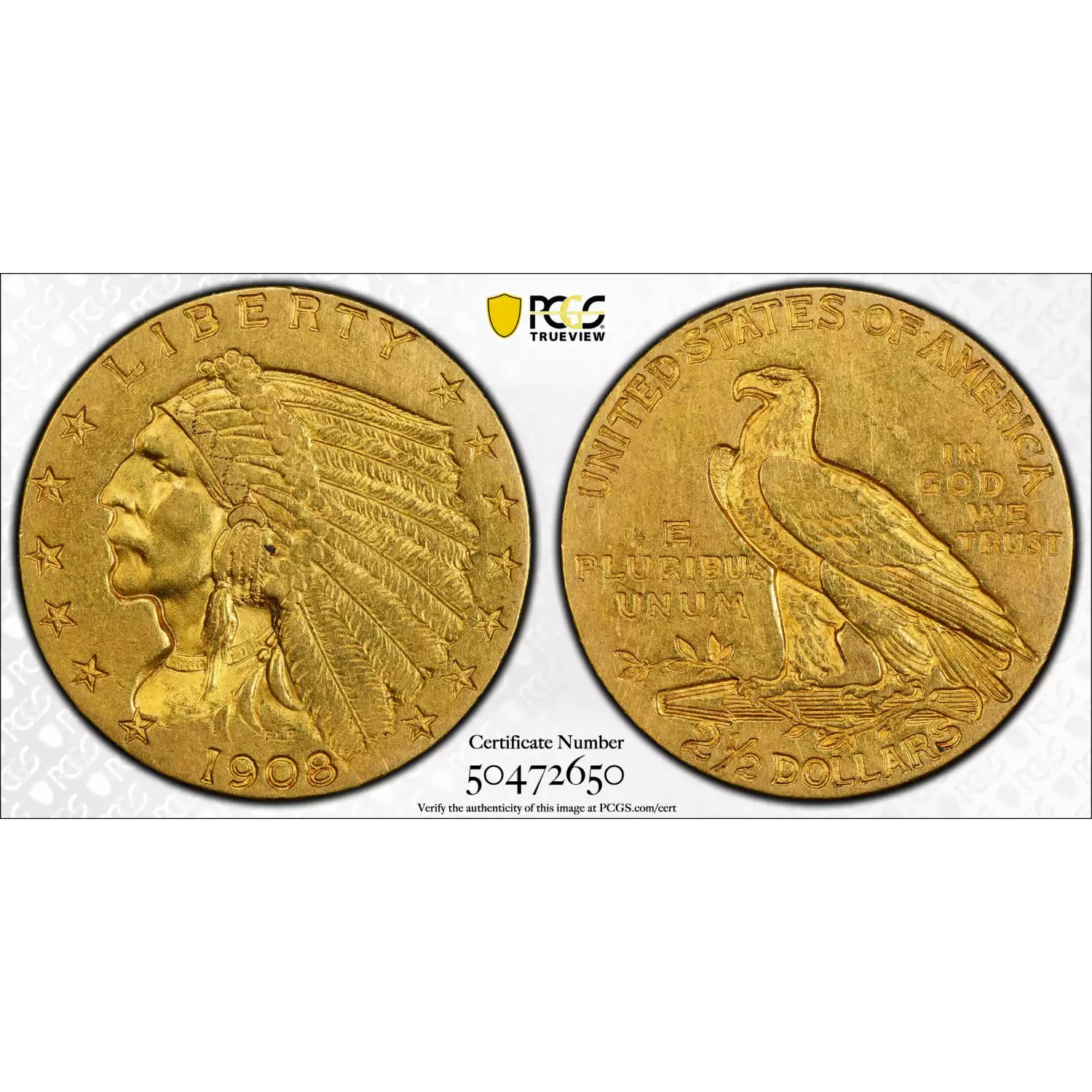 1908 Gold Quarter Eagle $2 1/2 Indian PCGS AU-58 - Harbor Coin Company