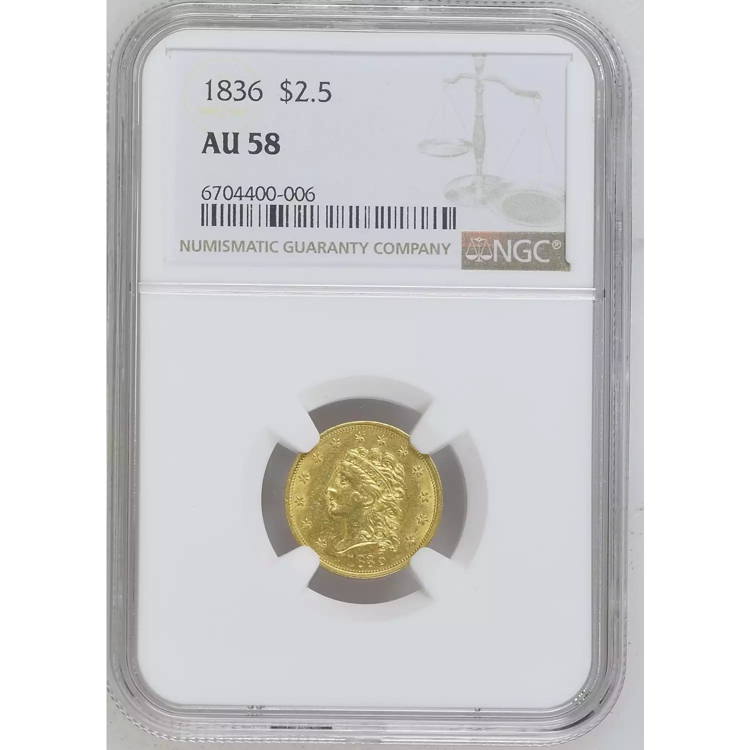 1836 Classic Head Gold Quarter Eagle NGC AU-58 - Harbor Coin Company